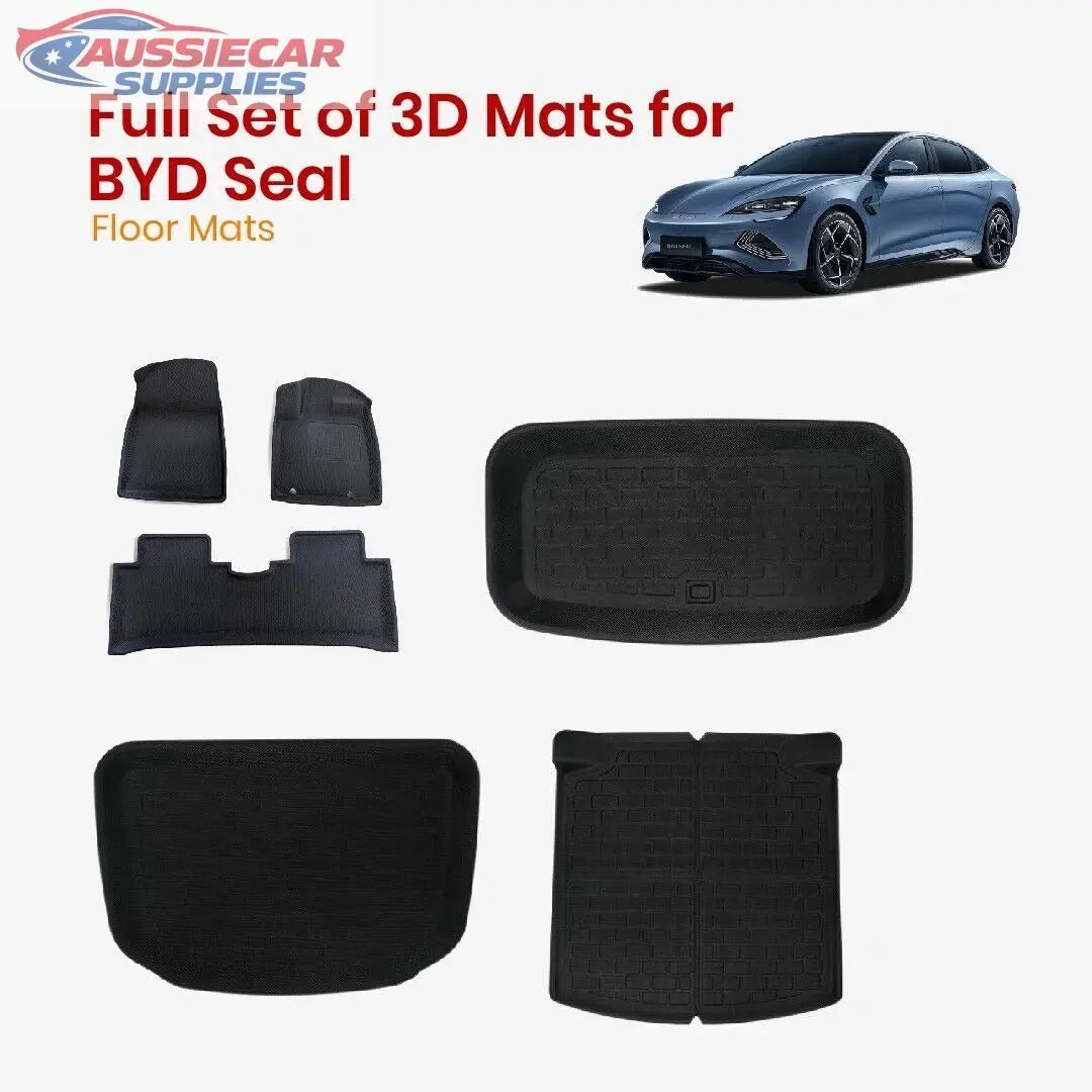 Set of 3D car floor mats for BYD Seal with product name and brand logo.