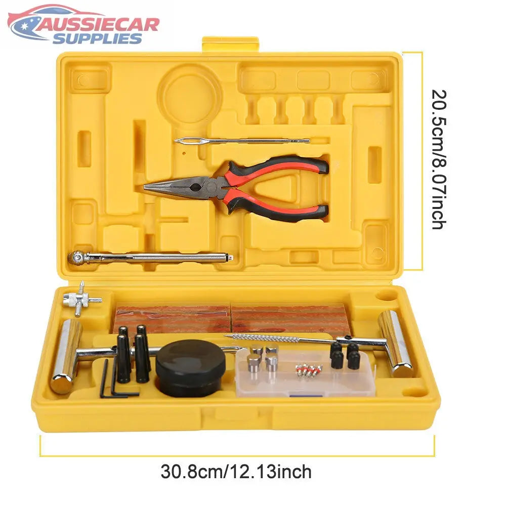Yellow tool kit with various tools inside, dimensions indicated on a ...