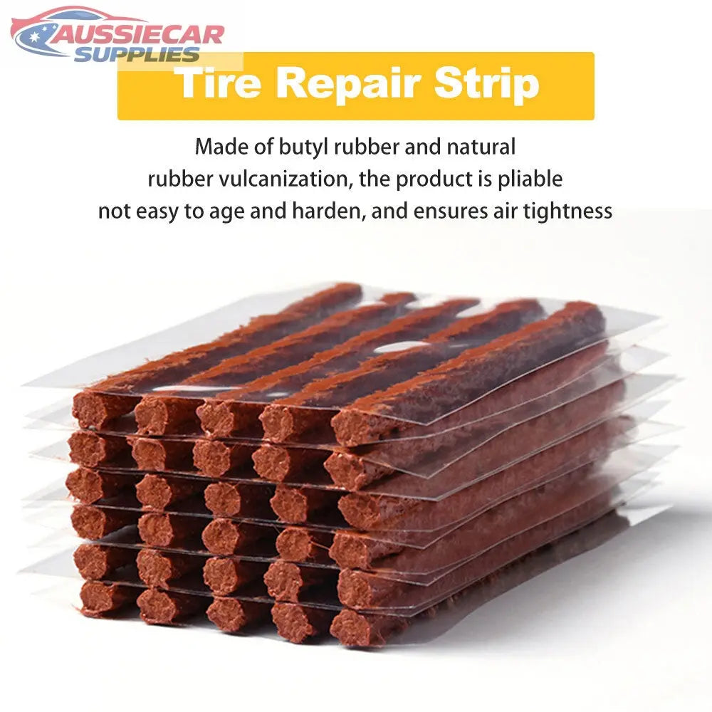 Packaged tire repair strips with text on a white background